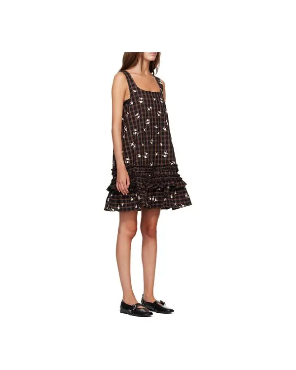 GANNI Check Flower Flounced Mini Dress
