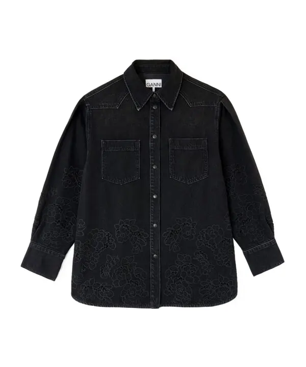 GANNI Denim Broderie Anglaise Shirt - Black Washed