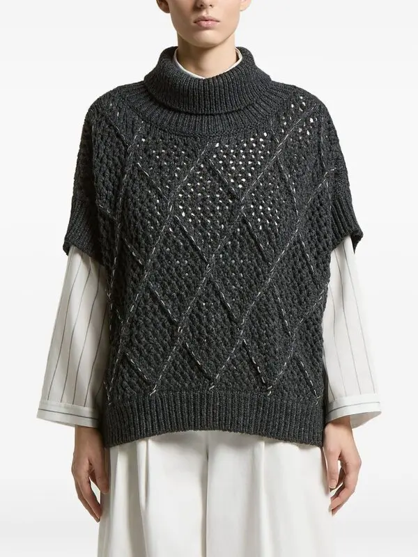 Peserico Diamond-knit Roll-neck Poncho Sweater - Black