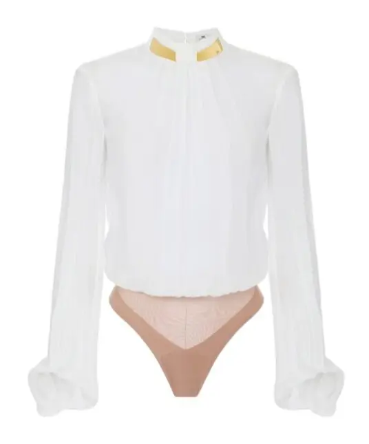 Elisabetta Franchi Bodysuit In Georgette Fabric With Jewel Collar - Ivory
