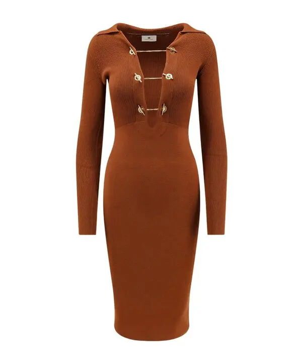 Elisabetta Franchi Lace-up Knitted Midi Dress - Brown