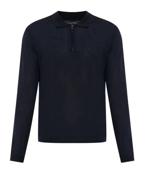 Emporio Armani Zip-neck Embroidered Logo Polo Shirt - Blue Navy