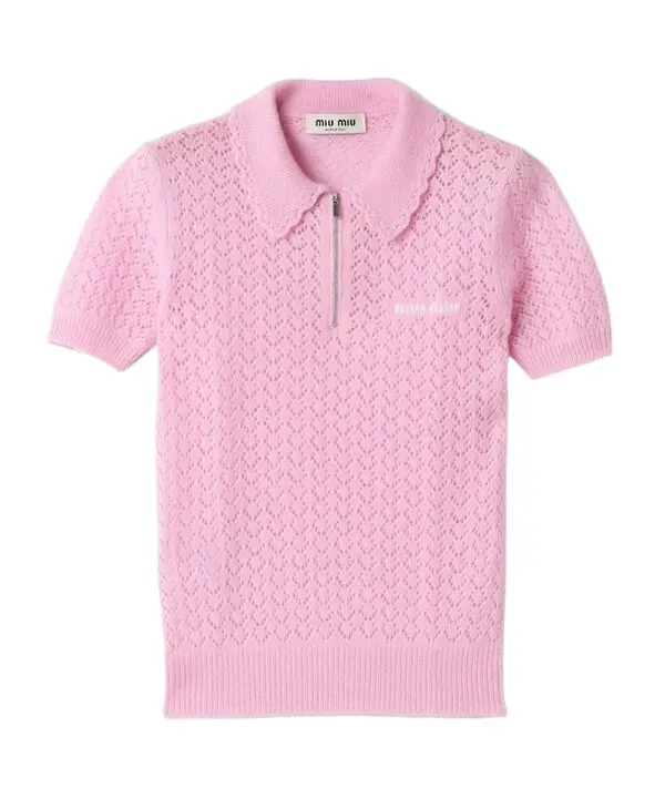 Miu Miu Zipped Knitted Polo Top With Crochet Trim - Pink