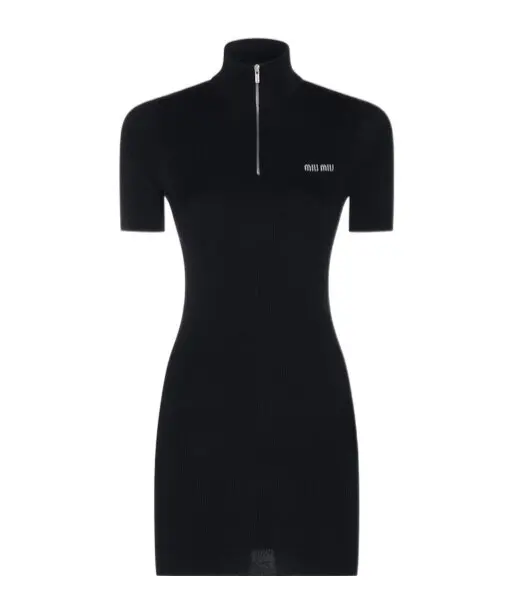 Miu Miu Ribbed-knit Logo Embroidered Mini Dress - Navy Blue