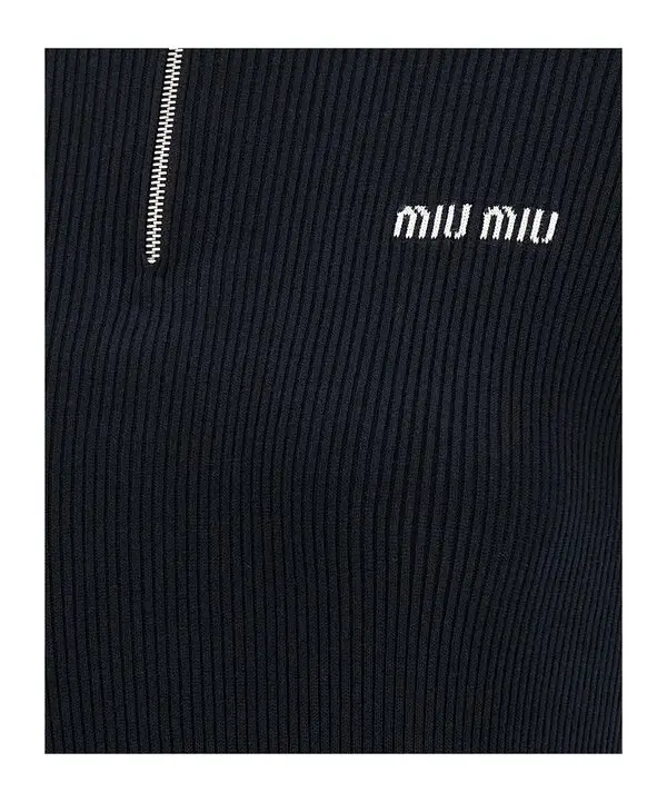 Miu Miu Ribbed-knit Logo Embroidered Mini Dress - Navy Blue