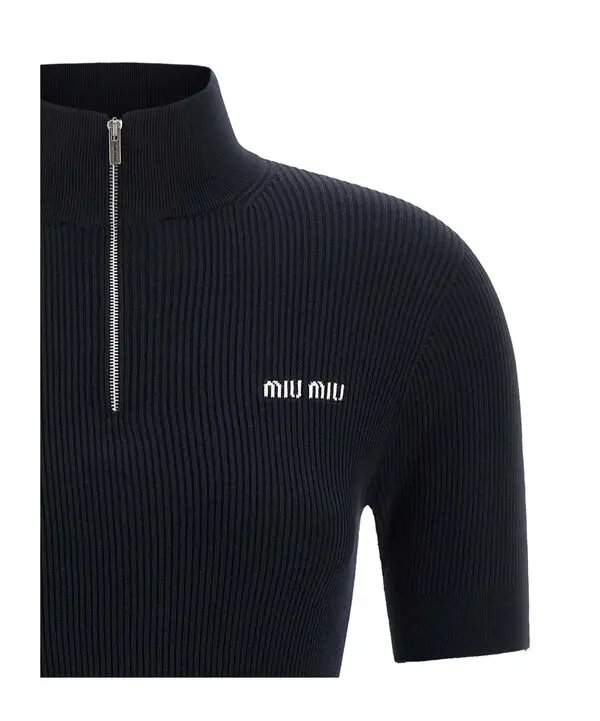 Miu Miu Ribbed-knit Logo Embroidered Mini Dress - Navy Blue