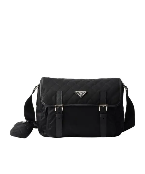 Prada Large Quilted Re-nylon Shoulder Bag With Saffiano Trim - Black