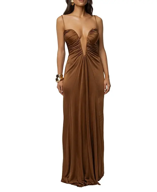 JLUXLABEL Auric Deep Plunge Maxi Dress - Tan