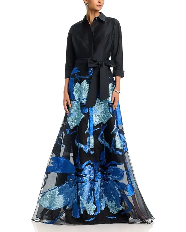 Rickie Freeman For Teri Jon Taffeta Shirtwaist Metallic Organza Skirt Gown - Black Multi