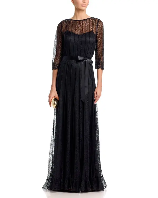 Rickie Freeman For Teri Jon Lace Pintuck Ruffle Hem Gown