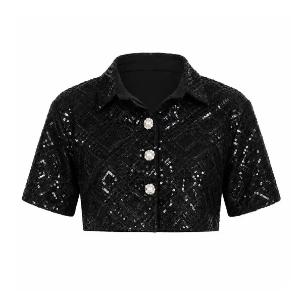 INTERNATIONAL APPEAL Sequin Crop Shirt - Black