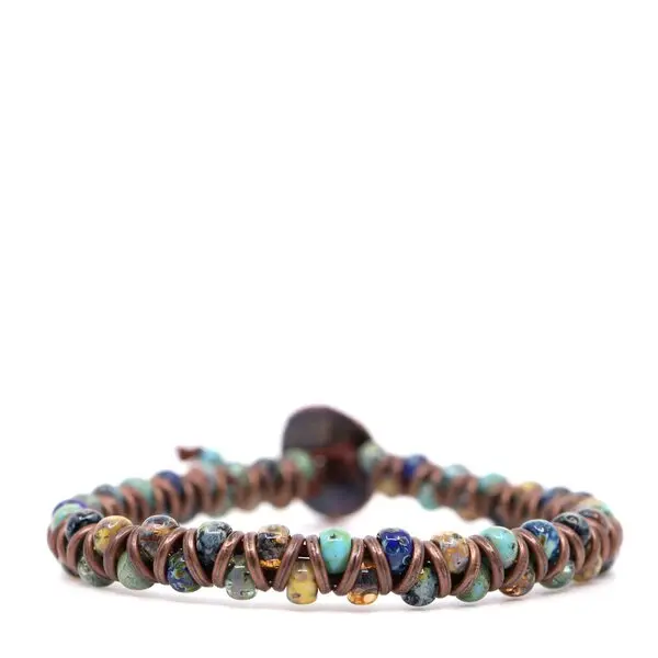 Shar Oke Blue, Yellow & Turquoise Czech Picasso & Brown Leather Bracelet - White