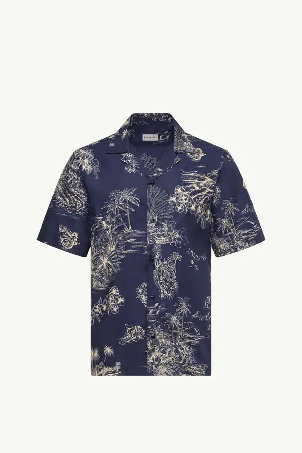 Moncler Floral Print Short Sleeve Cotton Shirt - Blue
