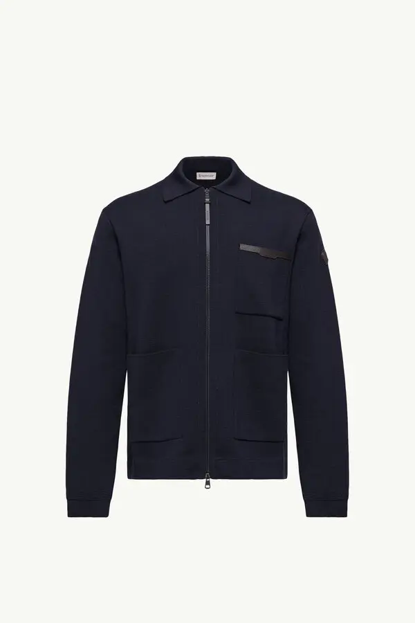 Moncler Leather Logo Wool Zip-up Cardigan - Blue