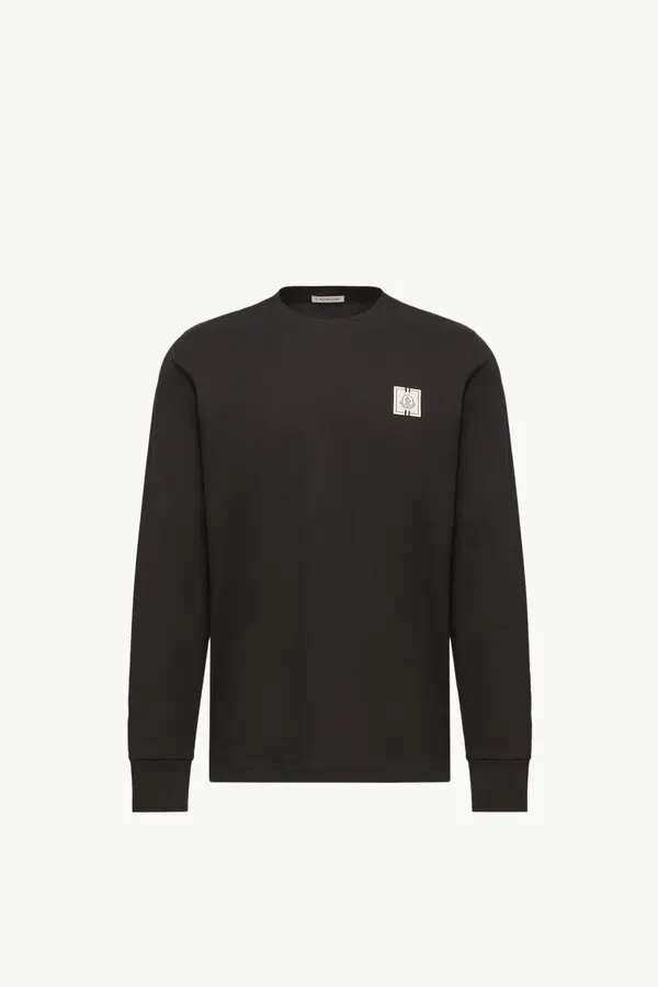 Moncler Tricolor Logo Long Sleeve Cotton T-shirt - Black