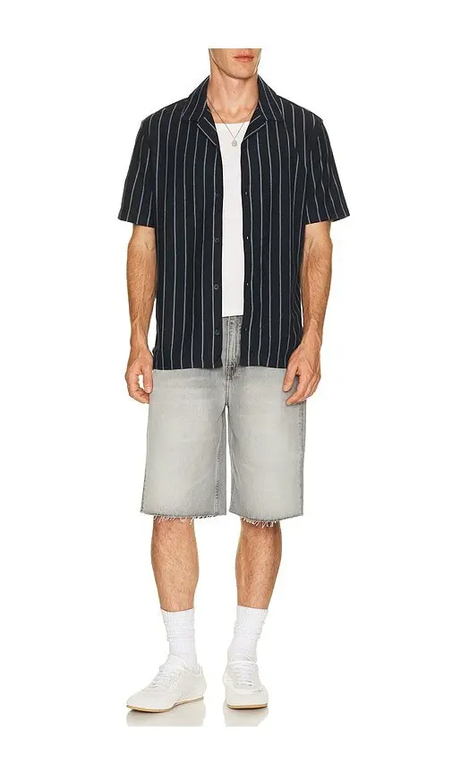 Vince Striped Terry Short Sleeve Cabana Shirt In Blue