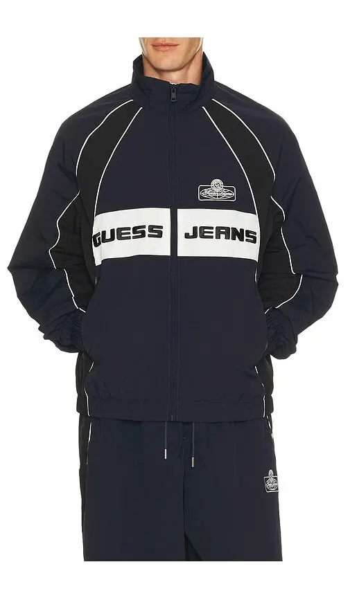 Guess Crinkle Nylon Track Jacket In Navy - Daring Ocean