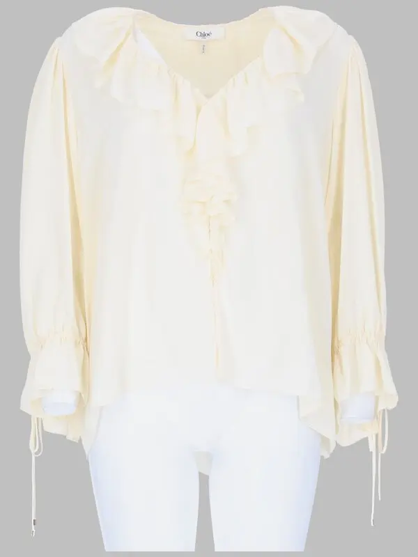 Chloé Crêpe De Chine V-neck Top With Ruffles - Cream