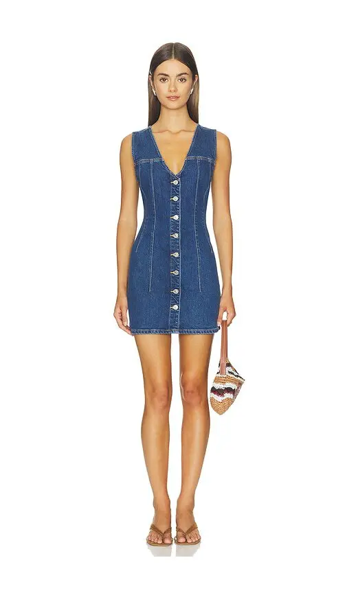Good American The Denim V Neck Dress In Blue