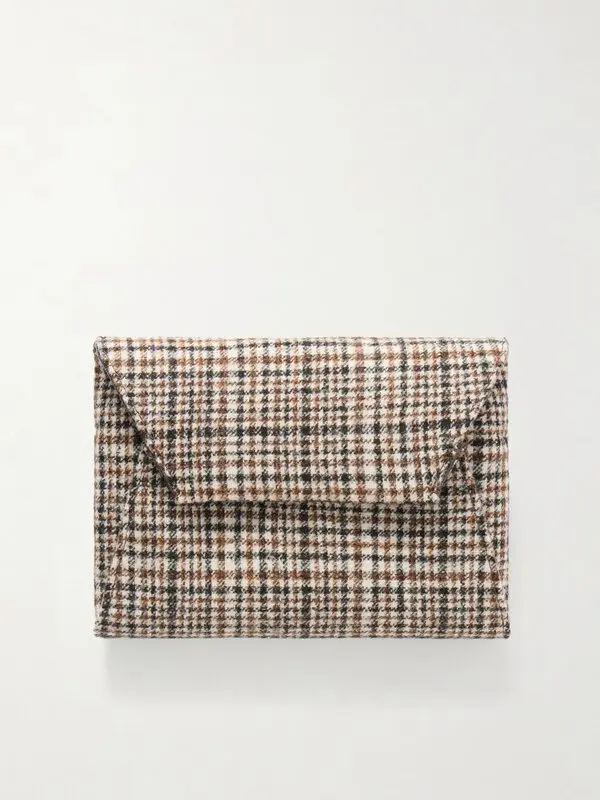 Brunello Cucinelli Checked Wool Clutch With Detachable Chain Strap - Brown