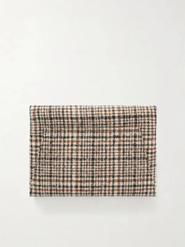Brunello Cucinelli Checked Wool Clutch With Detachable Chain Strap - Brown
