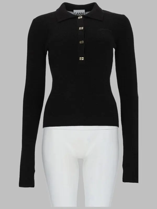 GANNI Polo In Maglia Di Lana - Black