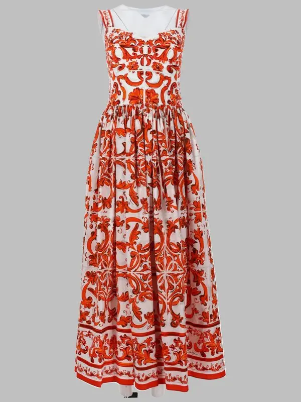 Dolce & Gabbana Cotton Poplin Printed Maxi Dress - Orange