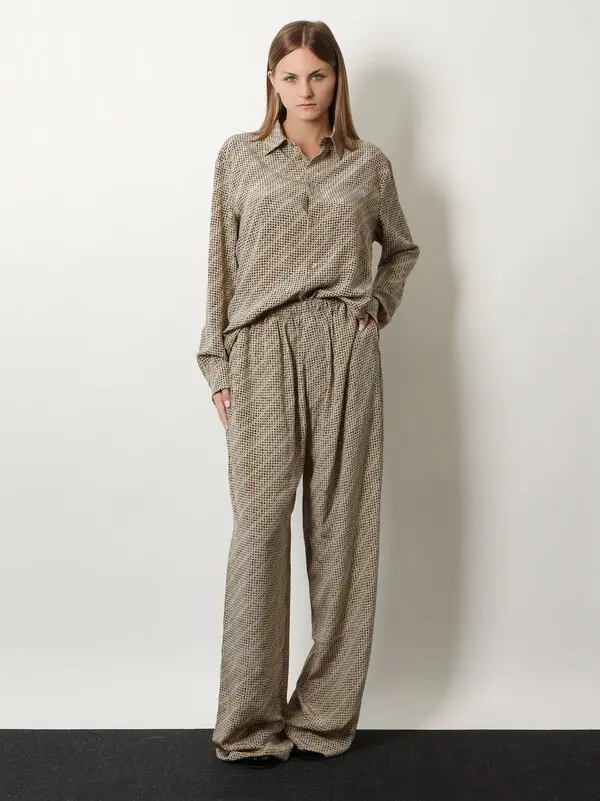 Balenciaga Monogram Silk Wide Leg Trousers - Beige