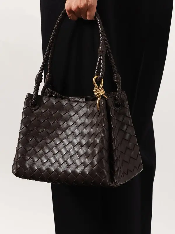 Bottega Veneta Parachute Leather Shoulder Bag With Intrecciato Pattern And Knot Detail - Brown