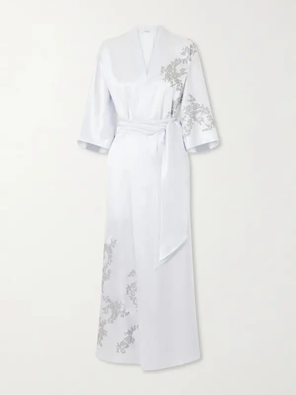 Carine Gilson Lace-appliqué Silk-satin Robe - Silver