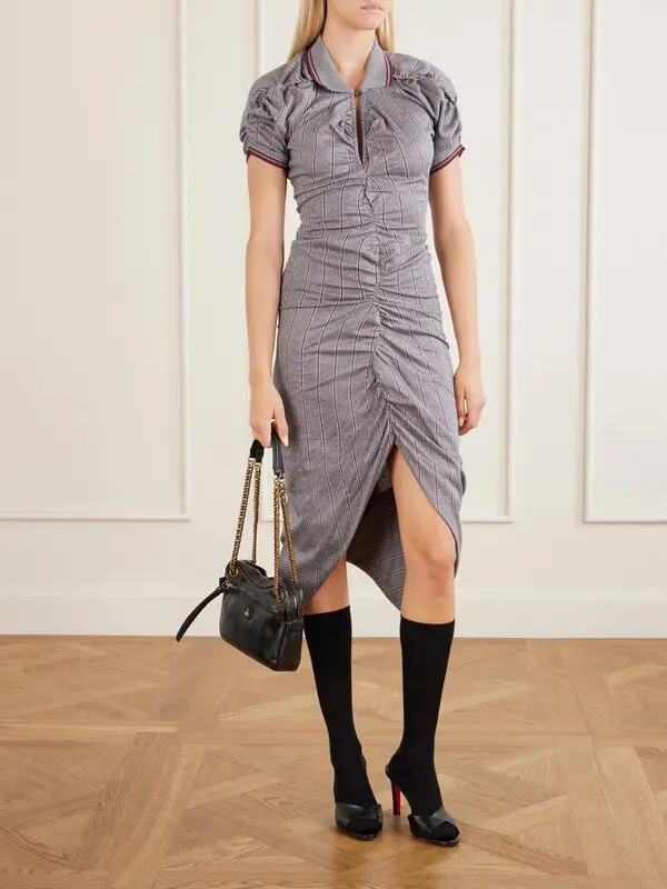 VIVIENNE WESTWOOD Striped Gathered Cotton Jersey Midi Dress - Gray