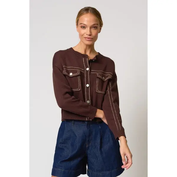 Central Park West Dean Topstitch Sweater - Chocolate