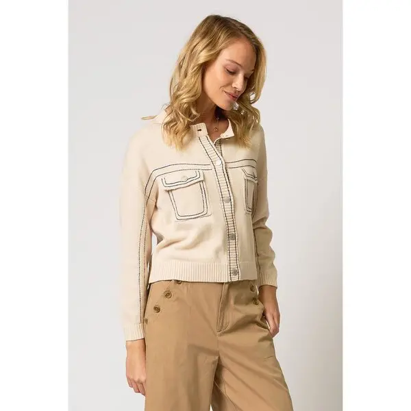 Central Park West Contrast Topstitch Boxy Sweater - Oat