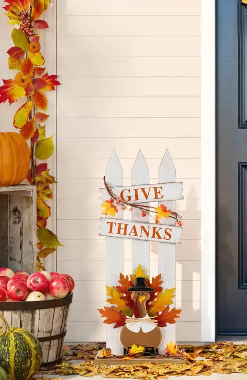 GLITZHOM 28"h Thanksgiving Wooden Fence Turkey Porch Decor