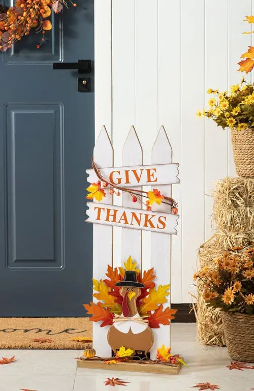 GLITZHOM 28"h Thanksgiving Wooden Fence Turkey Porch Decor