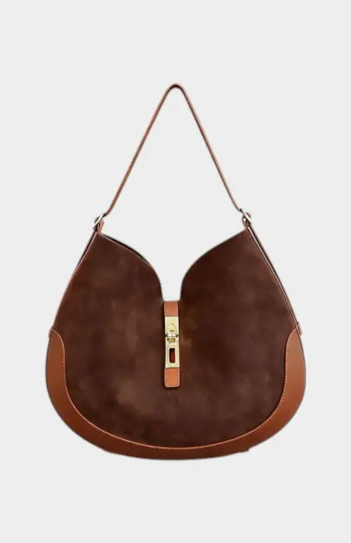 MI BOLSA LONDON Cotswolds Genuine Suede Leather Shoulder Bag - Coffee