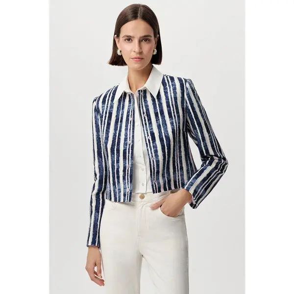 EXQUISE Achille Crew Neck Padded Shoulder Cropped Jacket - Sax