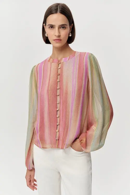 EXQUISE Armynel Round Neck Long Sleeve Striped Blouse - Multi Color
