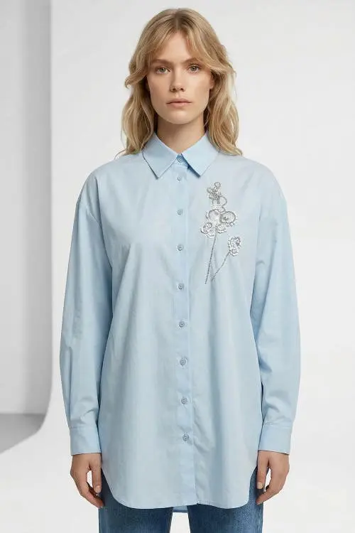 EXQUISE Bernetta Shirt Collar Long Sleeve Embroidered Shirt - Blue