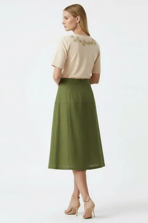 EXQUISE Burnice Buckle Detail Linen Midi Skirt