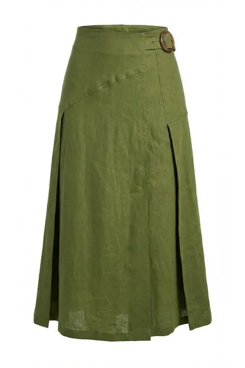 EXQUISE Burnice Buckle Detail Linen Midi Skirt