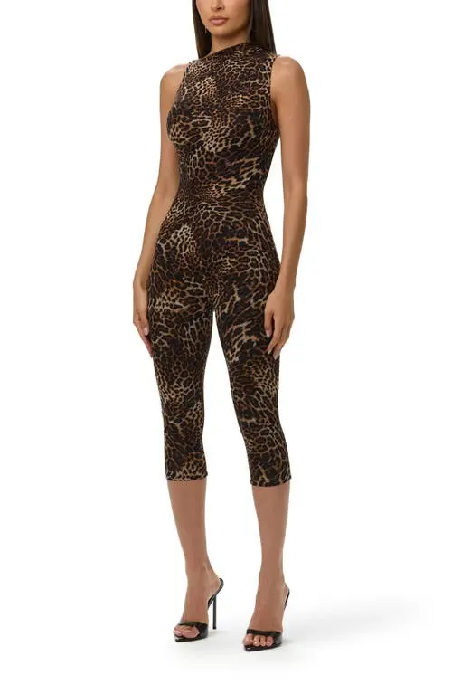 Naked Wardrobe Leopard Print Asymmetrical Neck Capri Jumpsuit