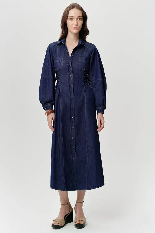 EXQUISE Arnaude Side Tie Long Sleeve Midi Dress - Blue