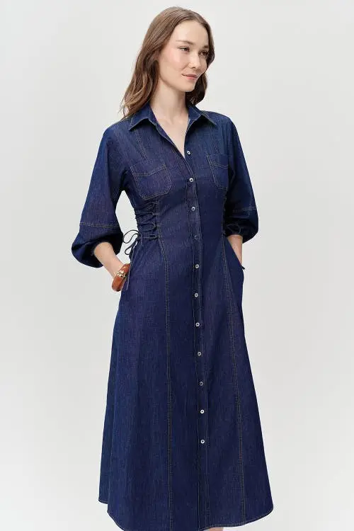 EXQUISE Arnaude Side Tie Long Sleeve Midi Dress