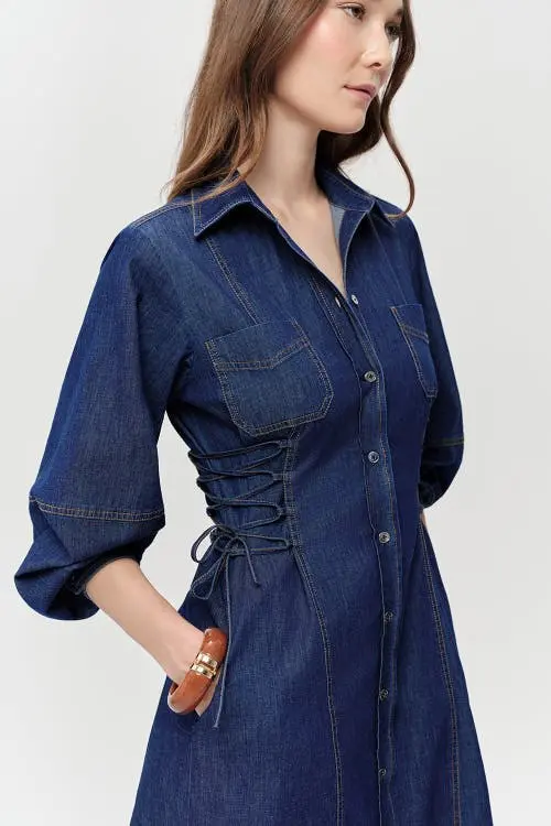 EXQUISE Arnaude Side Tie Long Sleeve Midi Dress