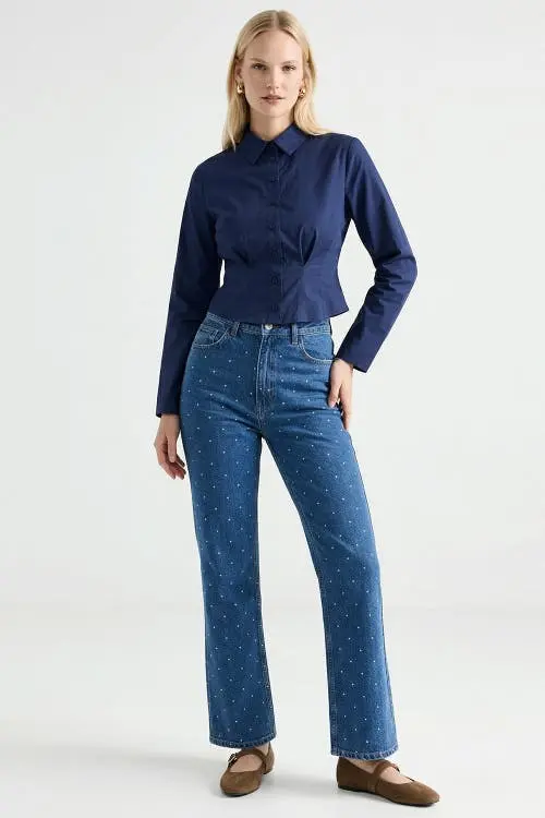 EXQUISE Lilyy High Waisted Wide Leg Denim Jeans - Navy