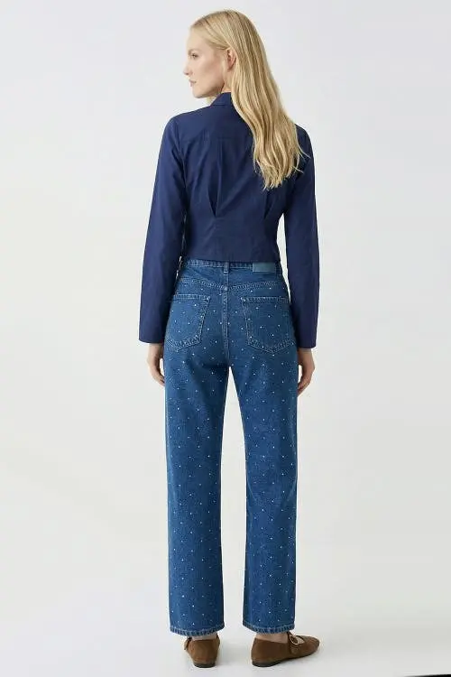 EXQUISE Lilyy High Waisted Wide Leg Embellished Denim Jeans - Navy