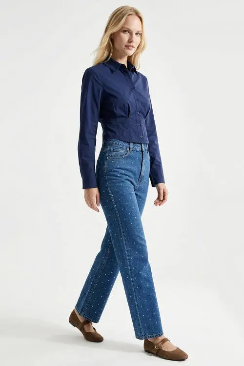 EXQUISE Lilyy High Waisted Wide Leg Embellished Denim Jeans - Navy