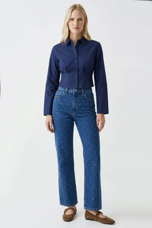 EXQUISE Lilyy High Waisted Wide Leg Embellished Denim Jeans - Navy