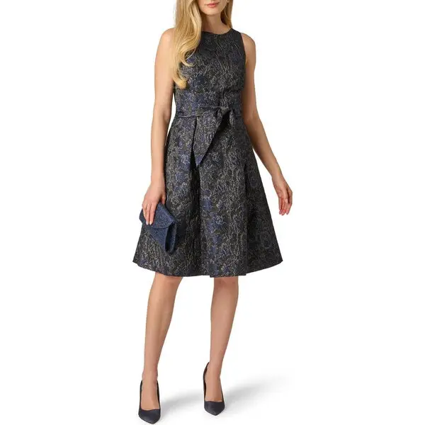 Adrianna Papell Floral Jacquard Sleeveless Tie Front Dress - Black/navy